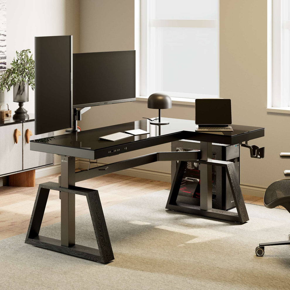Eureka Black Glass Desktop L Shape Standing Desk with Cable Management