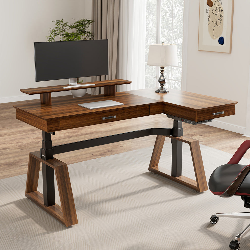 Eureka 63'' L Shape Classic Executive Standing Desk with Walnut Finish