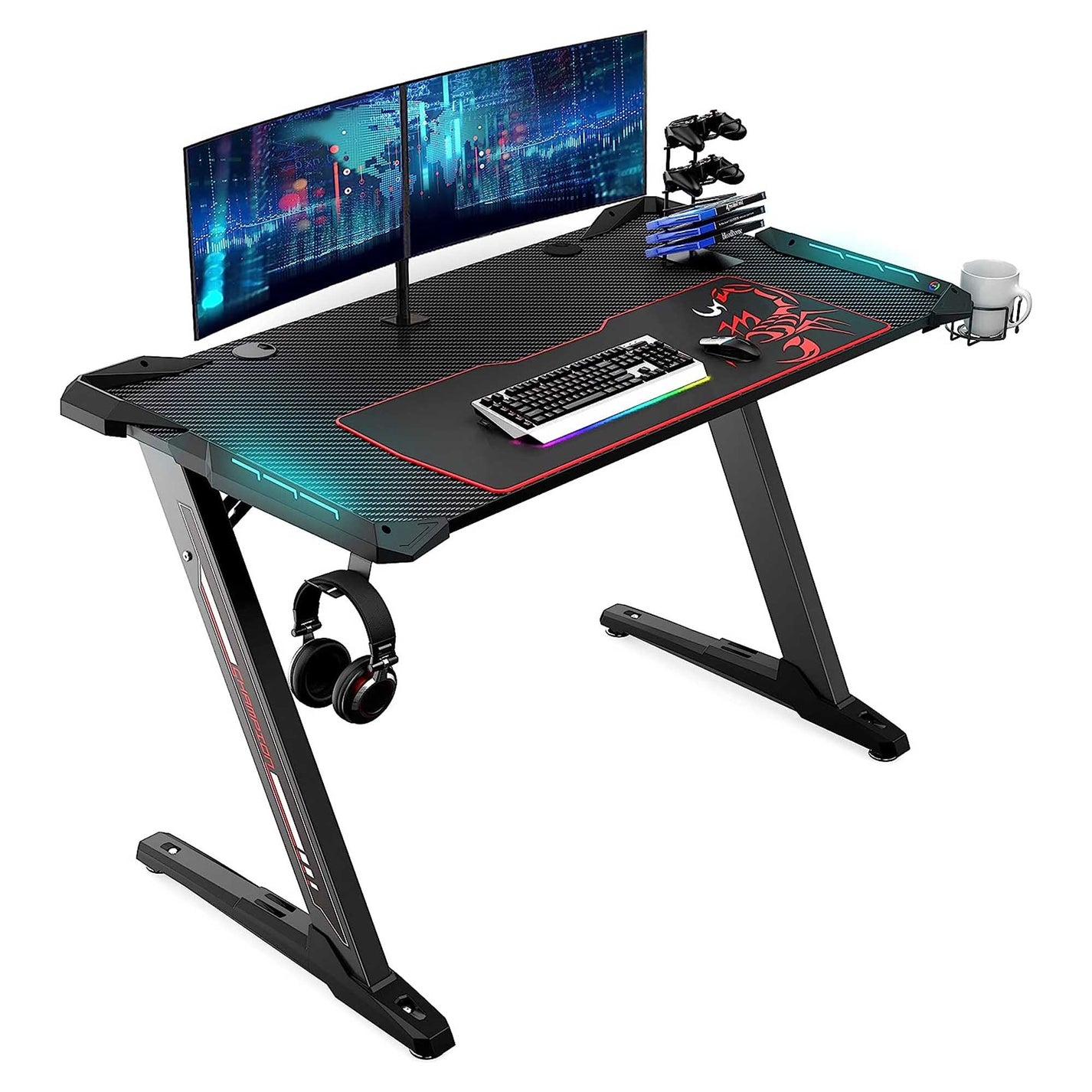 44" Z-shaped Black Gaming Fixed Height Computer Desk with RGB Lighting