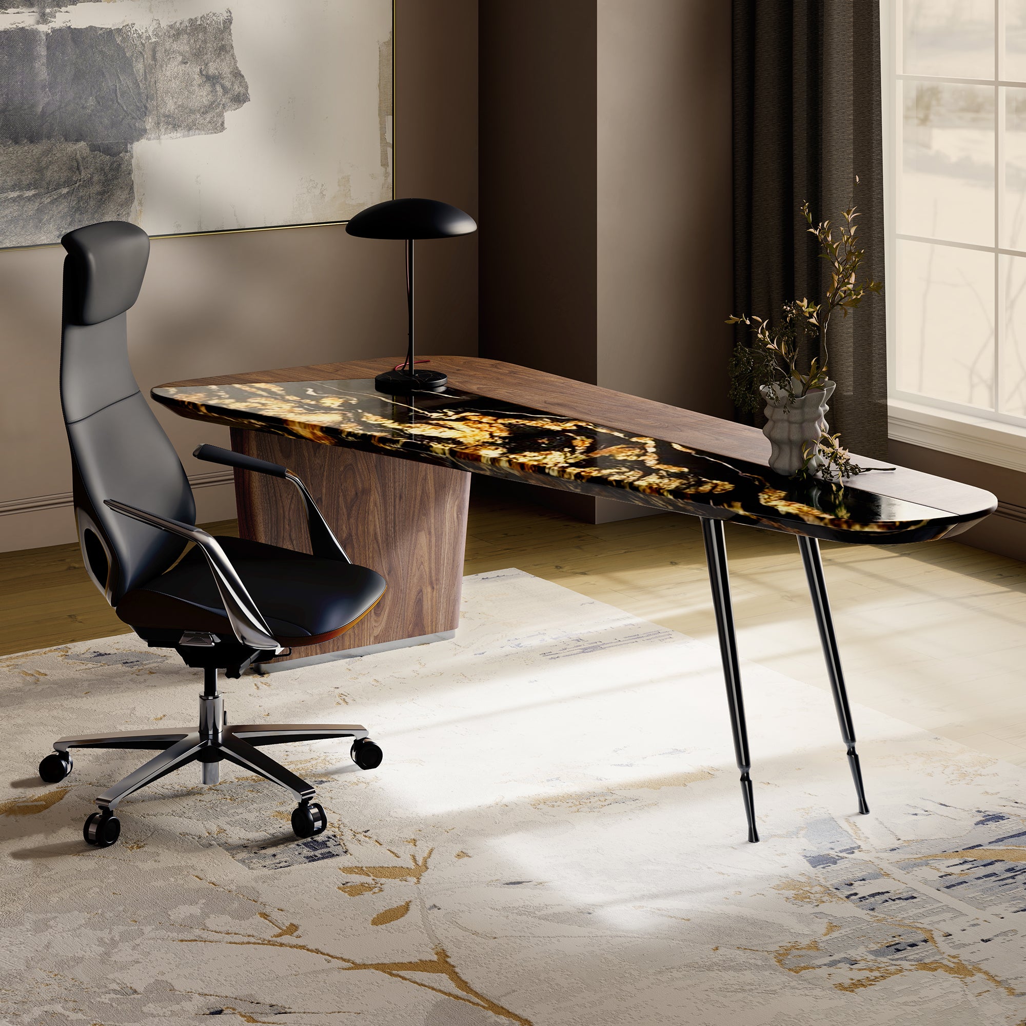 Luxurious Prada Green Office Desk with Natural Marble Top for Home Office