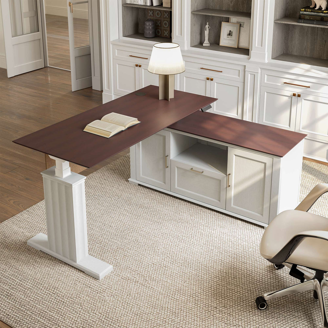 Eureka L Shape Standing Desk Wood Colored Finish with Storage Cabinets