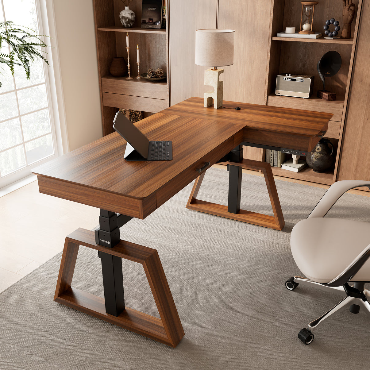 Eureka 63'' L Shape Classic Executive Standing Desk with Walnut Finish