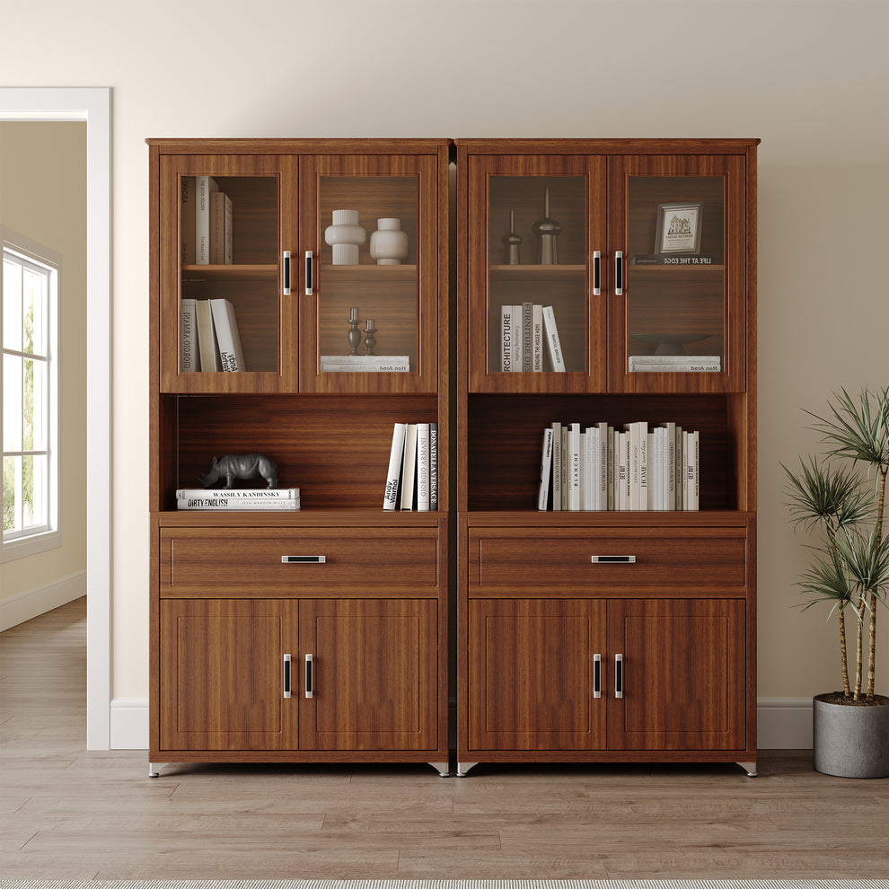 Eureka Ergonomic Wood Bookshelf Cabinet With Glass Doors And Drawers