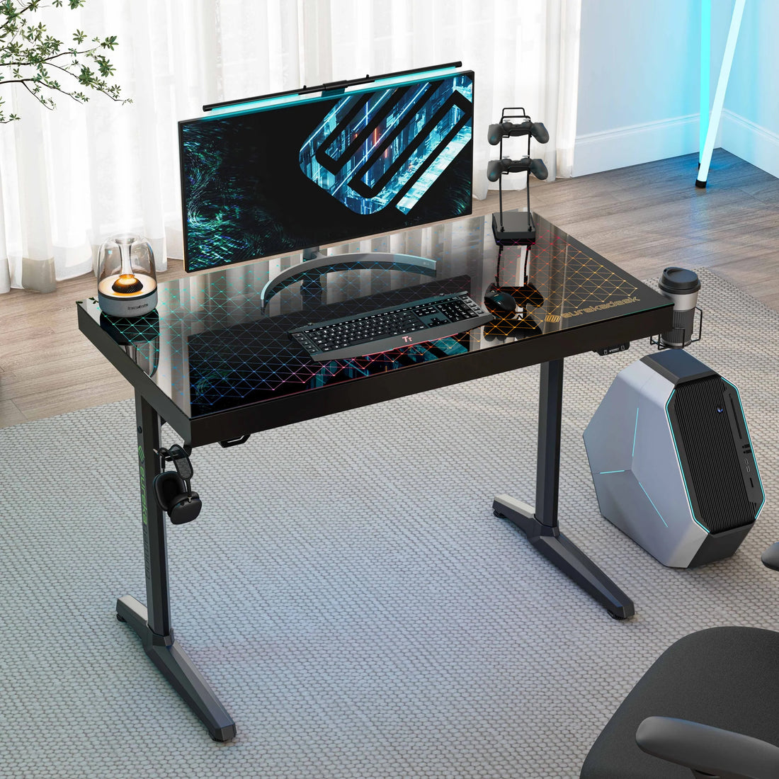 Eureka 43'' Glass Desktop Gaming Desk with Organizer and RGB Lighting