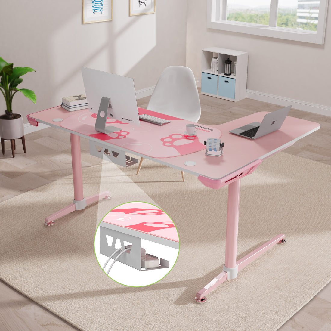 60'' Pink Gaming Computer Desk with L shape Surface for Office Bedroom