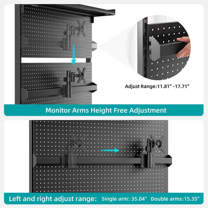 43'' Steel Clamp-on Desk Black Office Pegboard with Dual Monitor Mount