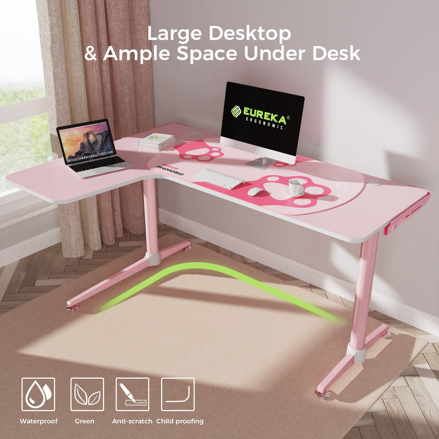 60'' Pink Gaming Computer Desk with L shape Surface for Office Bedroom