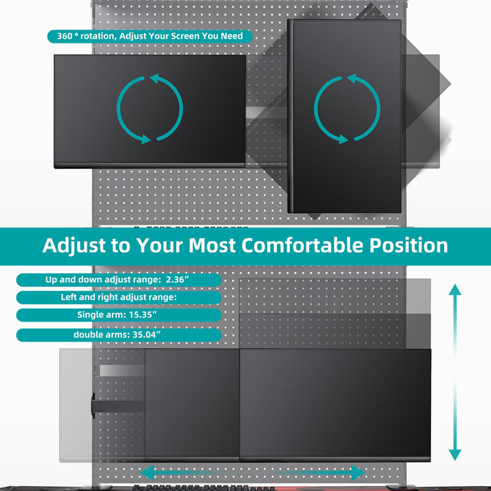 43'' Steel Clamp-on Desk Black Office Pegboard with Dual Monitor Mount