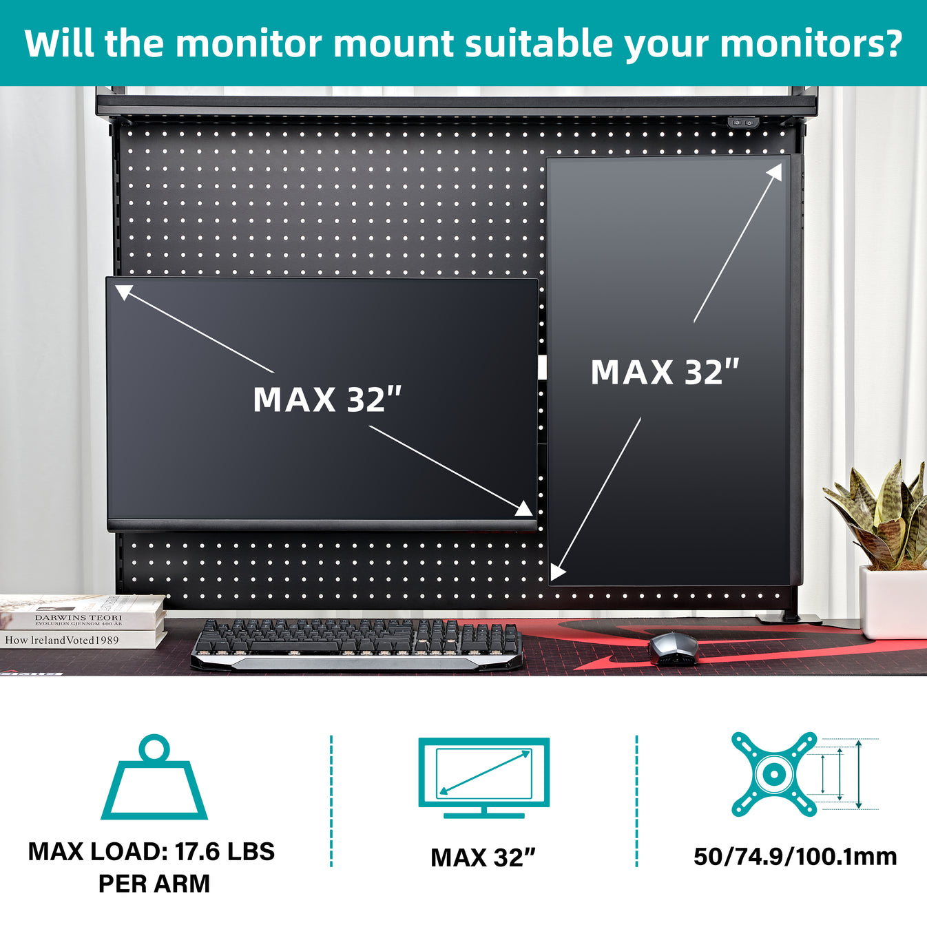 Eureka Ergonomic 43'' Clamp-on Desk Black Pegboard with Monitor Mount