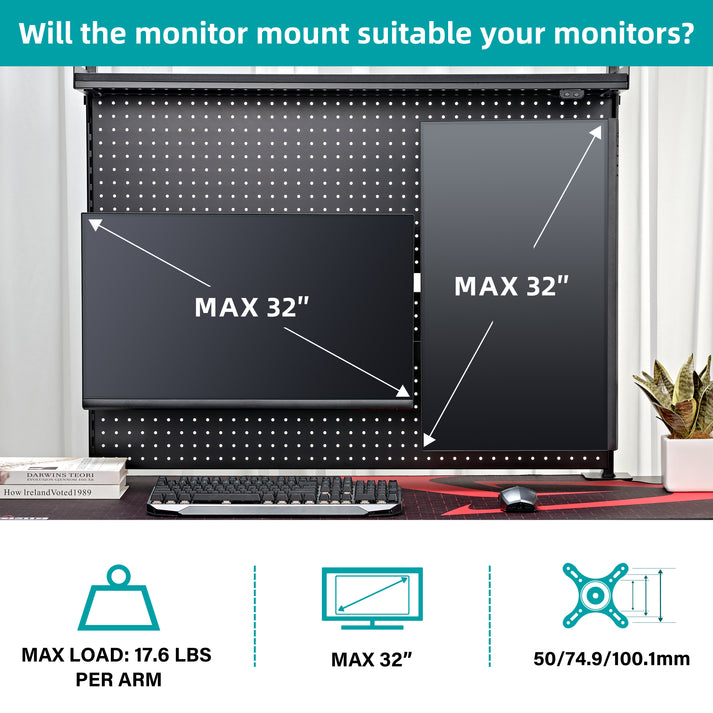 43'' Steel Clamp-on Desk Black Office Pegboard with Dual Monitor Mount