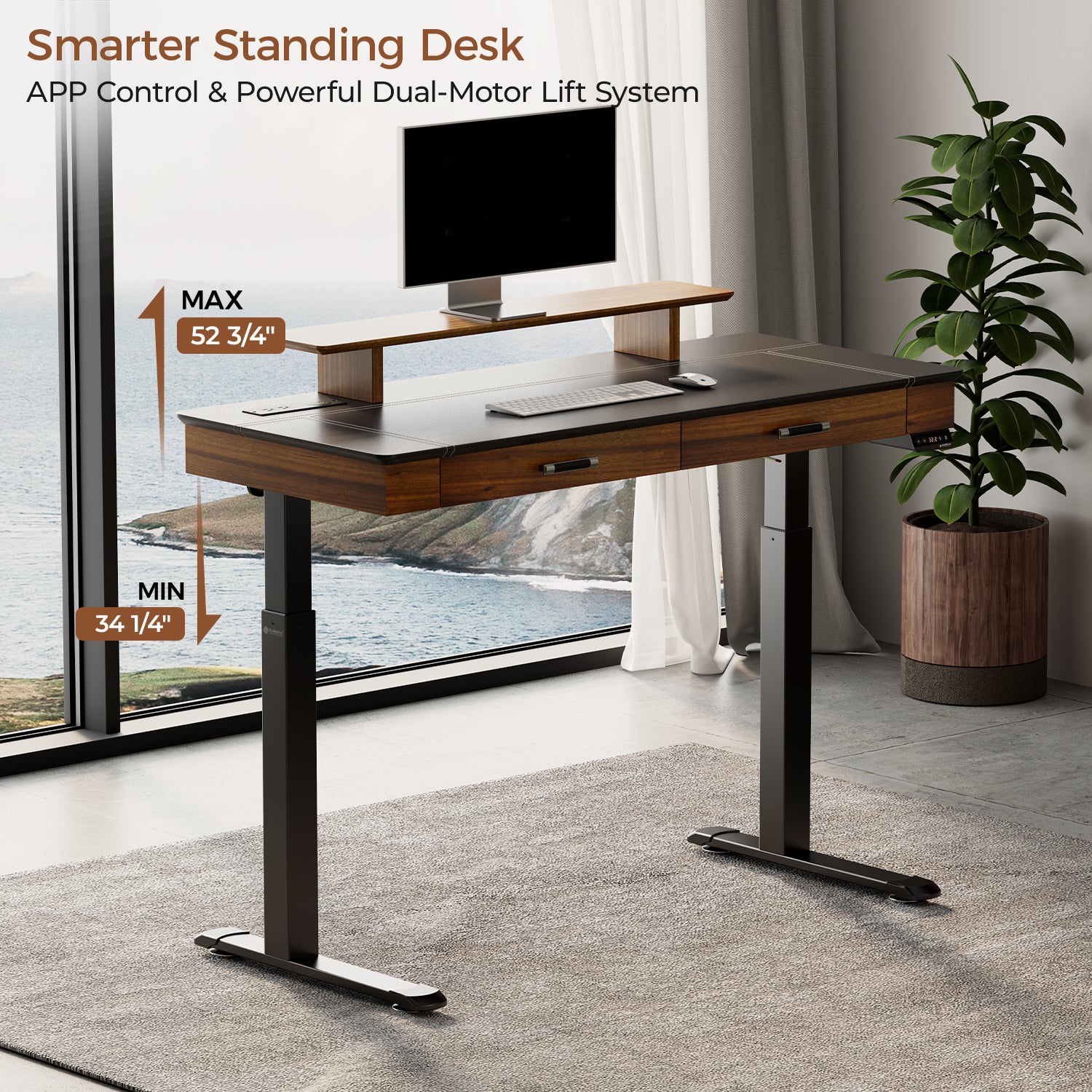 Standing Desk with Drawers 55", Leather & Walnut, ERK-ED-I55-LWN-US ...