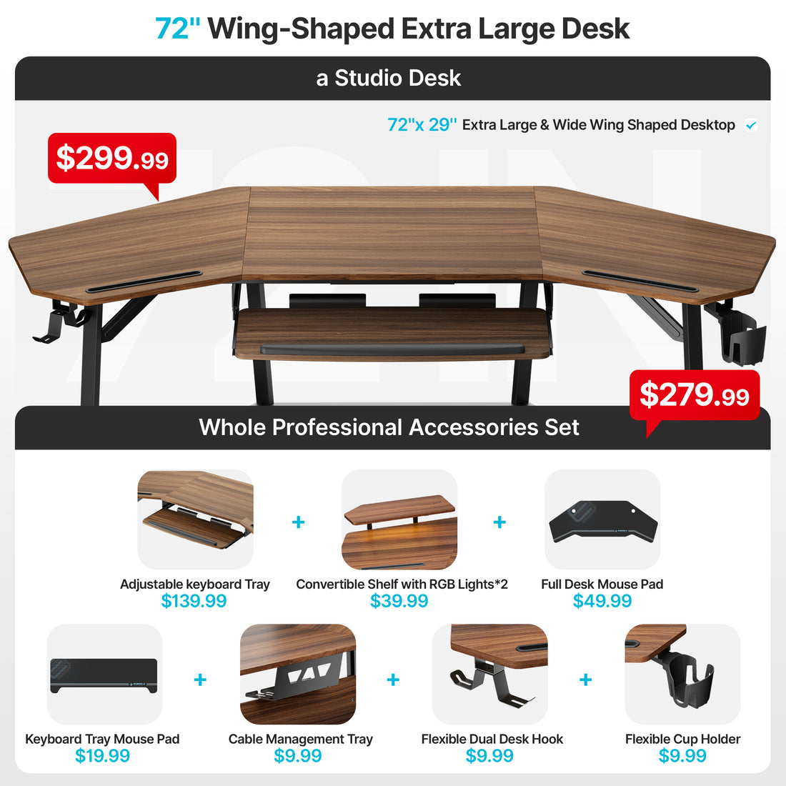 Eureka Ergonomic 72" large Wing Shape Gaming Desk with Accessories Set