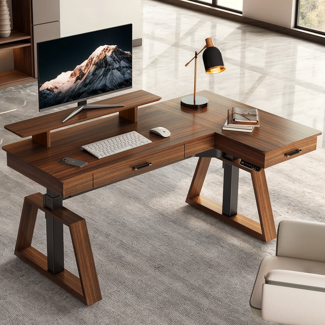 Eureka Ergonomic 63'' L Shape Executive Standing Desk, Walnut Finish