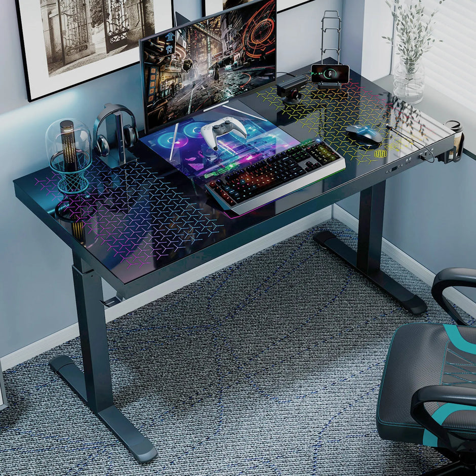 Glass Desks | L-shaped Desks | RGB Glass Desks | Eureka Ergonomic